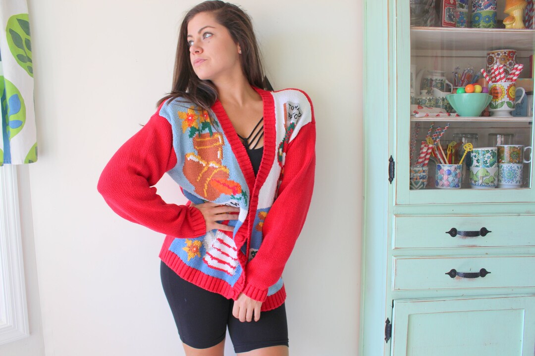 Vintage 80s Vegetable Garden Knit Cardigan: Cottagecore Patchwork ...