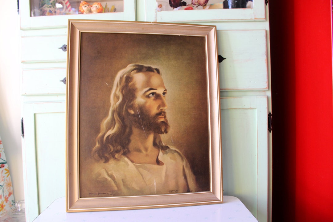 1960s Vintage Wooden and Glass JESUS Picture Frame...cross. Jesus ...