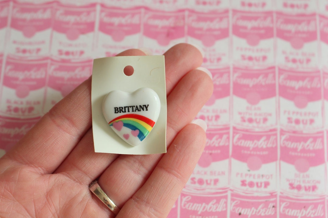 NOS 1980s RAINBOW Brittany Name Button Pin....heart. Rainbow Brooch ...