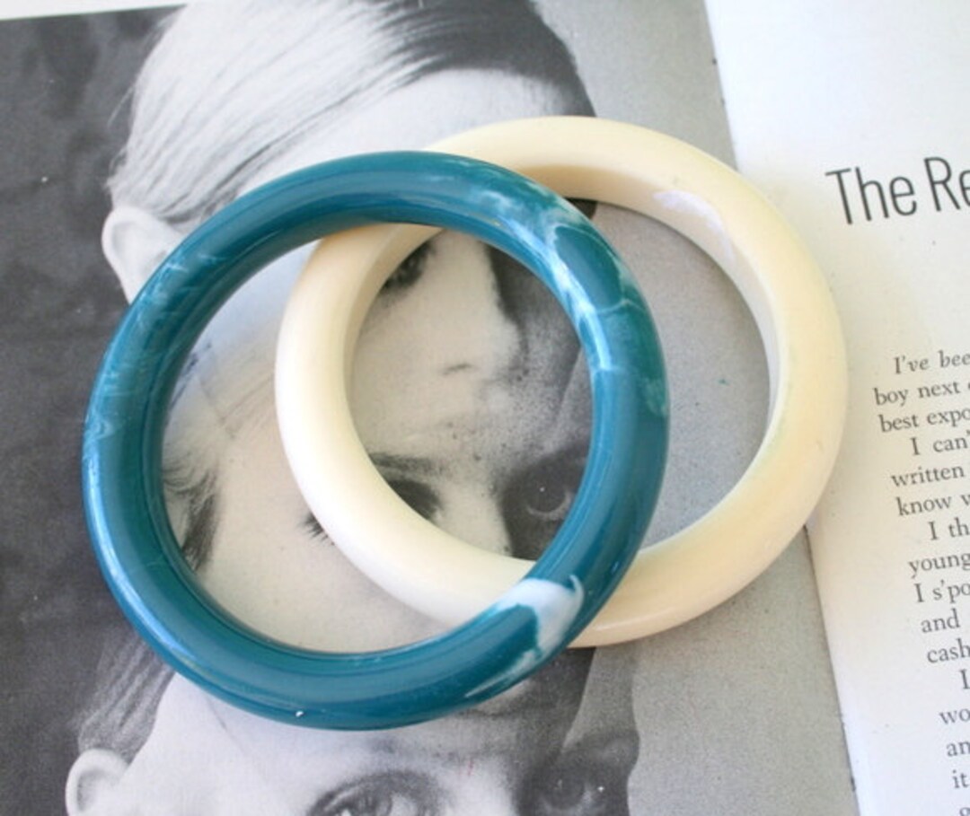 1980s Vintage BANGLES Set of 2..retro Accessories..blue. Cream. Teal ...