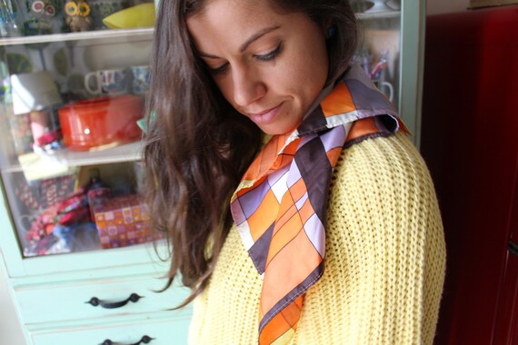 Vintage RETRO SCARF..geometric. orange. square. silky… - Gem