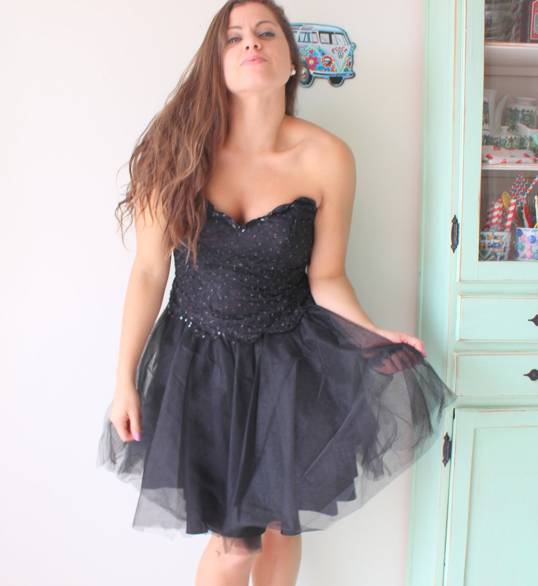 1980s Black Tulle Sequin Party Dress - Niki Brand - Size Small/medium ...