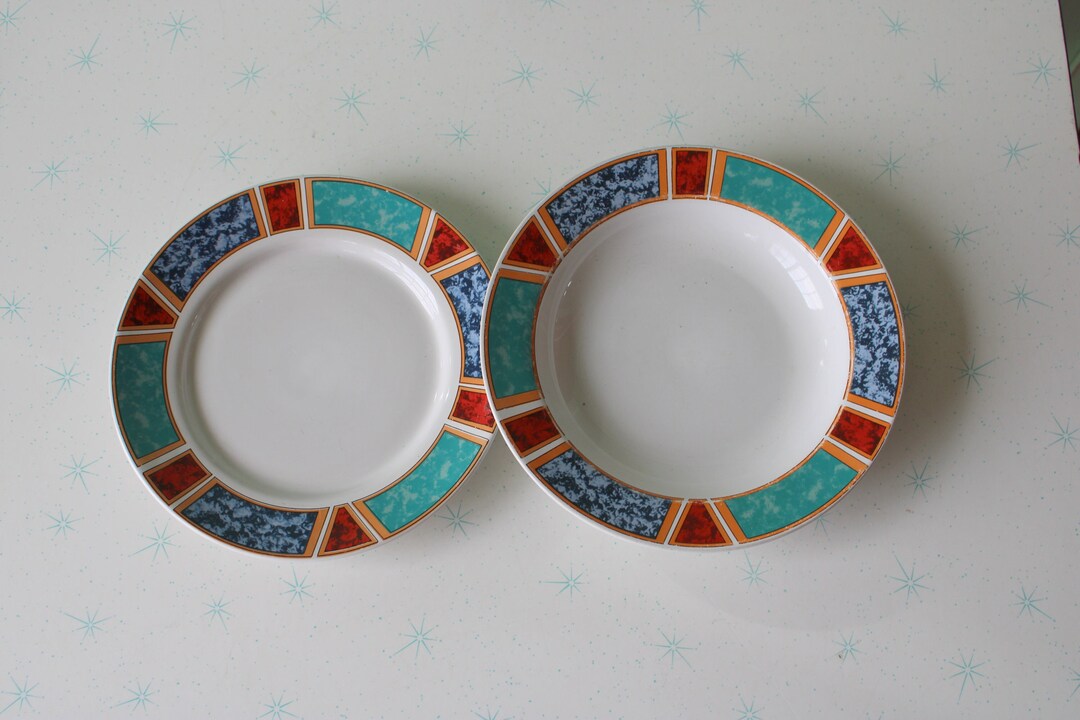 Vintage 80s Kitchen Plates Set: Retro Geometric Design - Etsy
