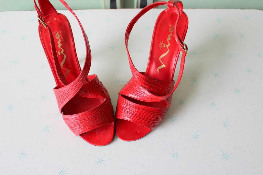 1980s Vintage Designer Open Toed Sling Back Red Heels..size 5.5 Women ...