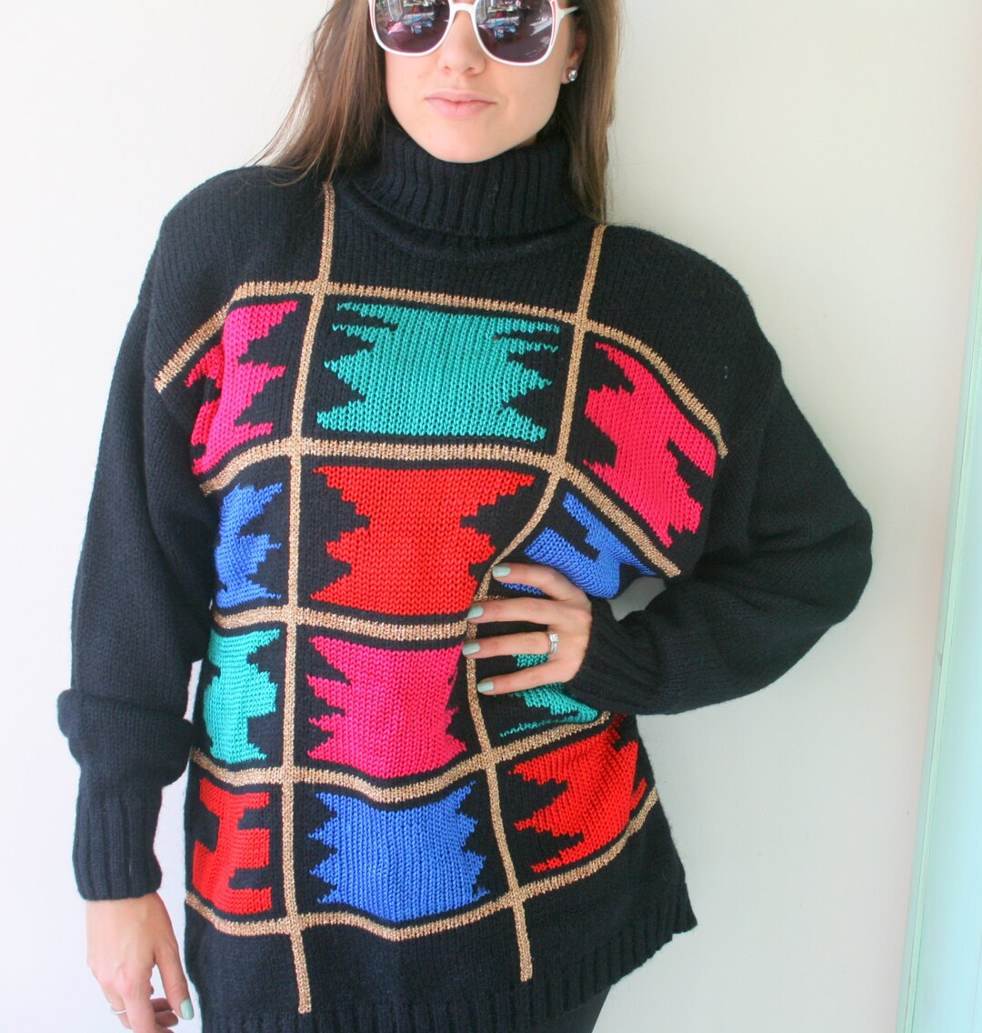 1980s RAINBOW Oversized Geometric Sweater.....black. Colorful. Bright ...
