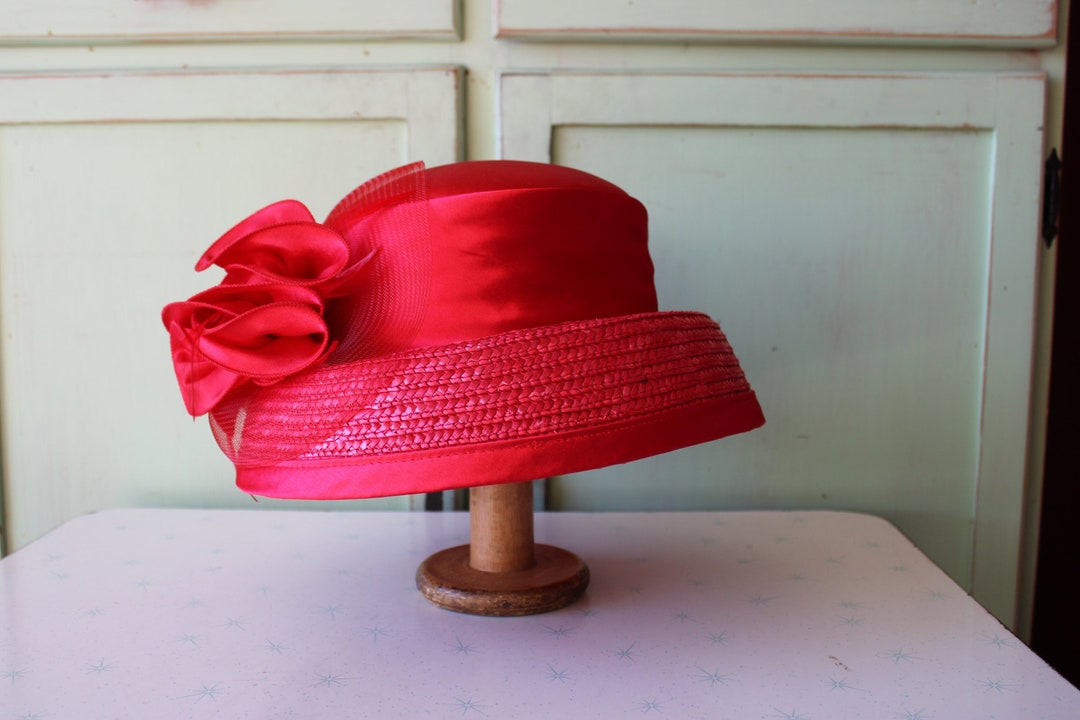 Vintage RED HAT 1980s 90s Straw Hat.....liberty Hat. Straw Hat. Church ...