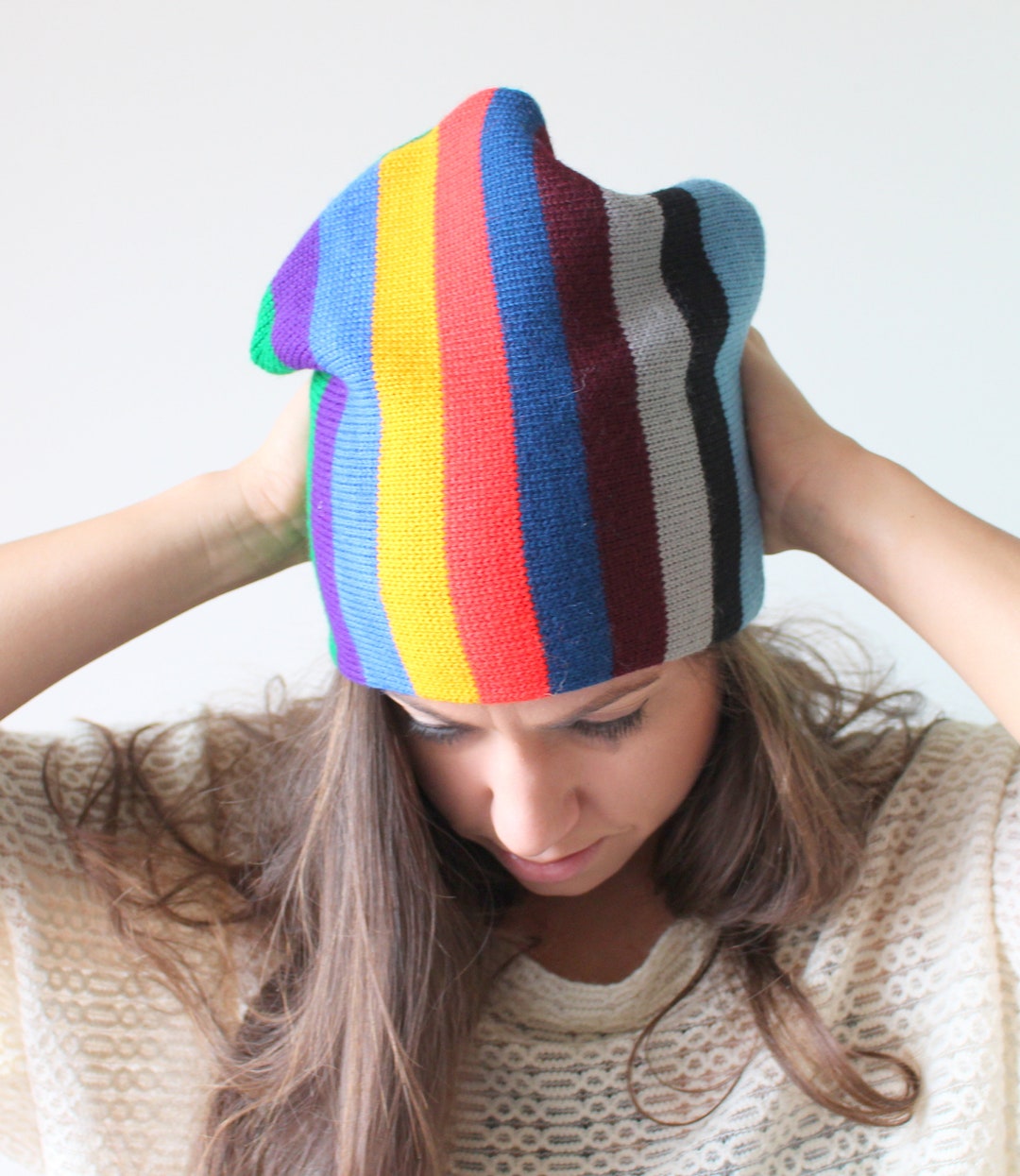 1980s NOS New Old Stock Beanie....hat. Teal. Unisex. Colorful. Rainbow ...