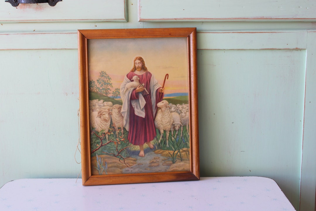1960s Vintage Glass Wooden Frame JESUS Picture.....cross. Christian ...