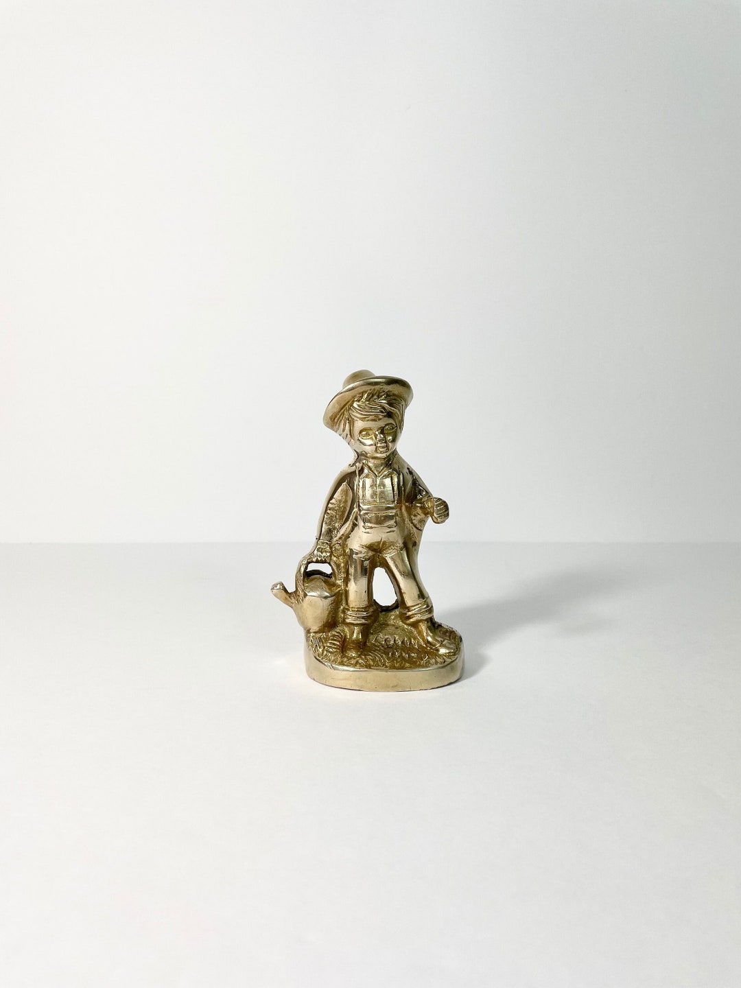 Vintage Brass Farmer Boy Figurine // Boy With Watering Can Brass ...