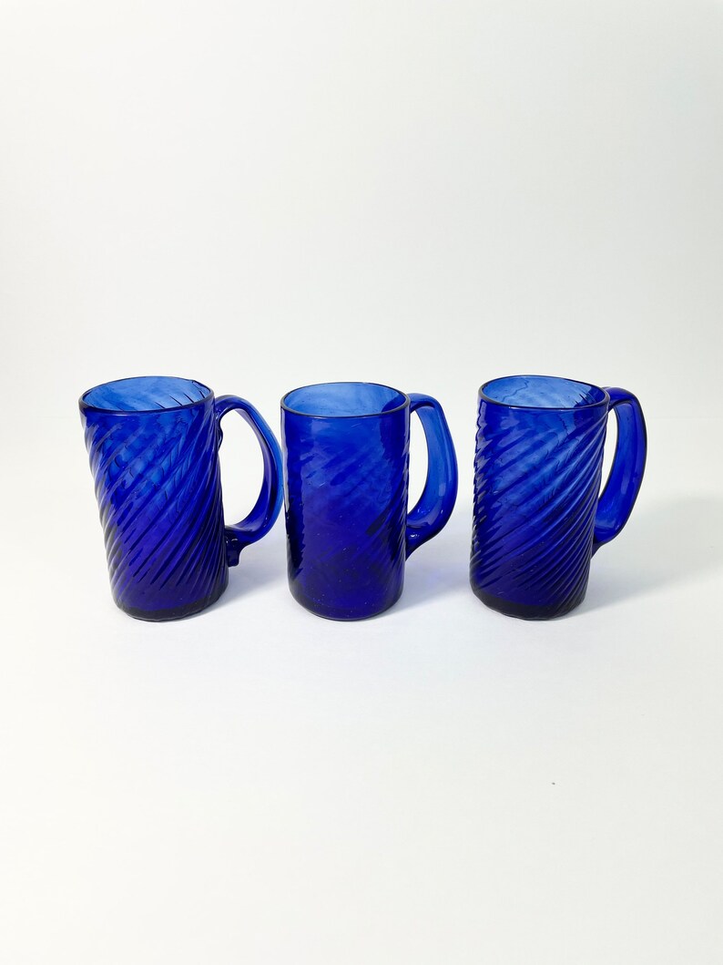 Vintage Set of Blue Hand Blown Glass Mugs & Saucers // Art Glass ...