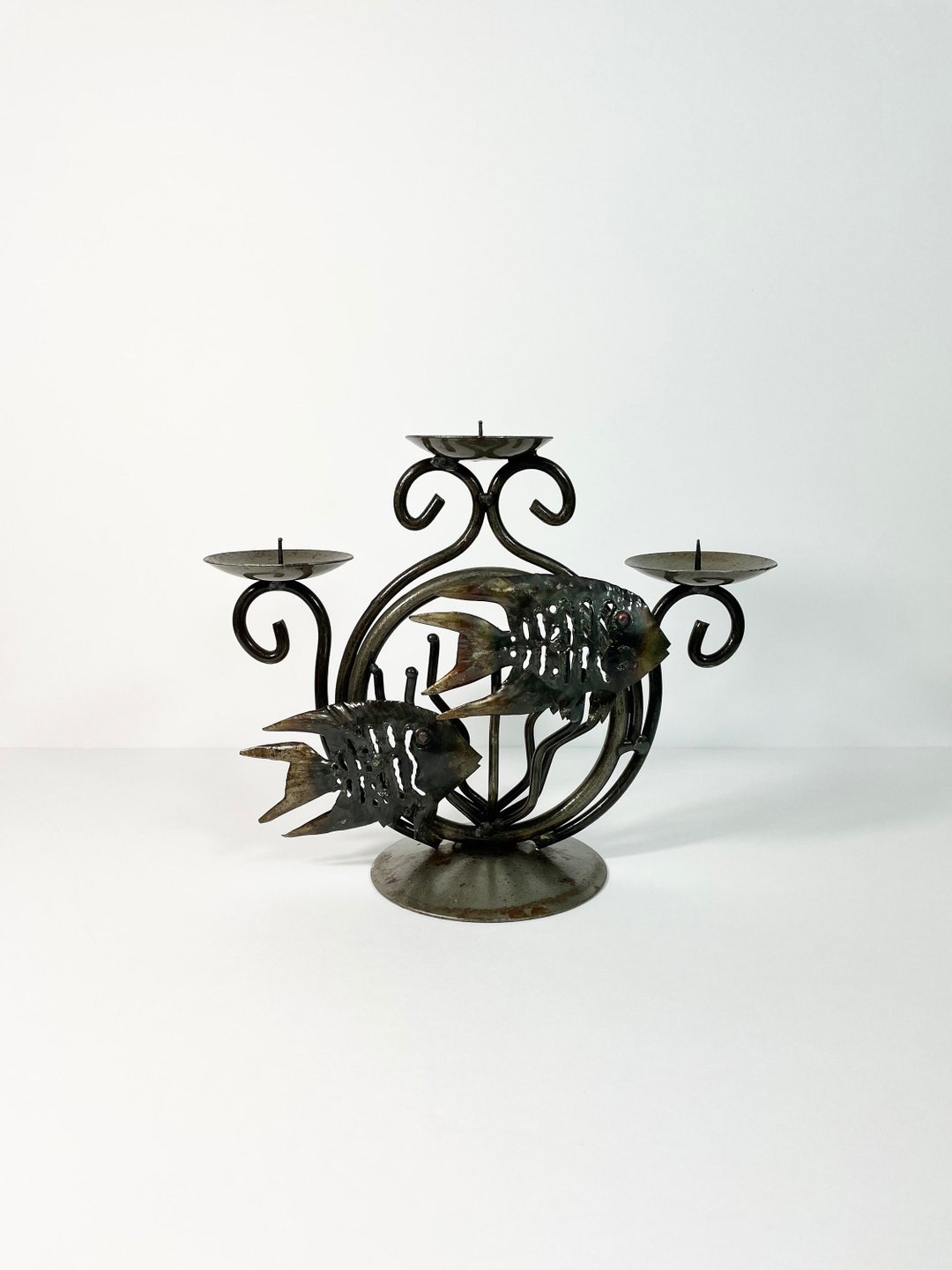 Vintage 8.75" Distressed Metal Fish Candle Holder // Unique Candlestick ...