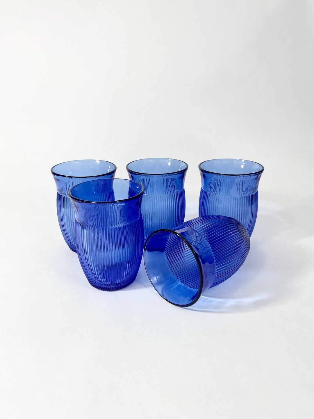 Set of 5 Hazel-atlas Depression Glass Tumblers // Fine Rib Cobalt Blue ...