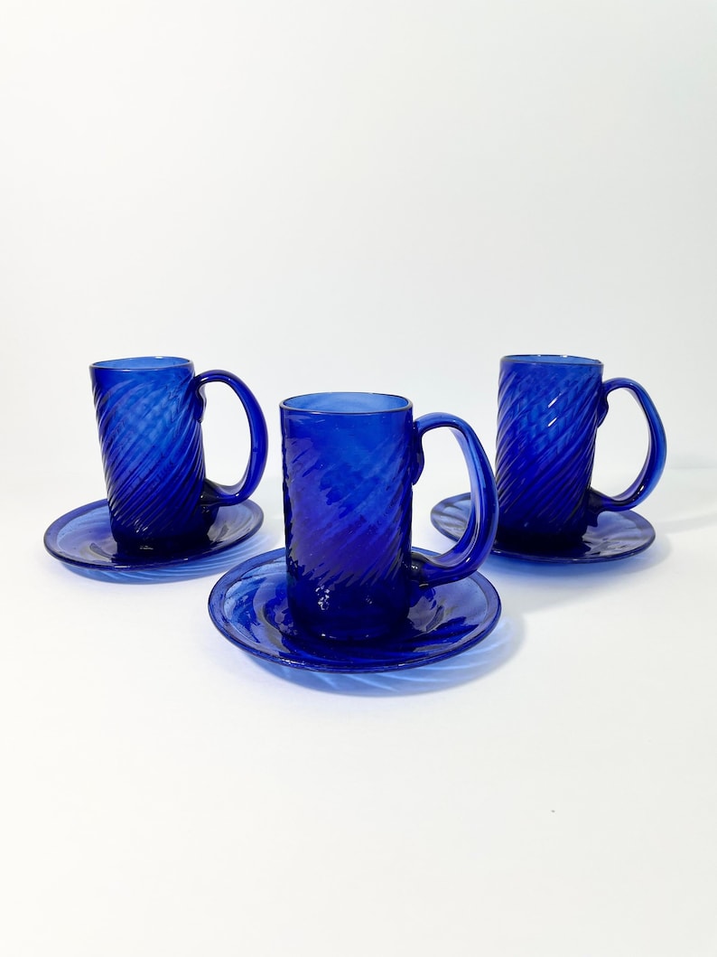 Vintage Set of Blue Hand Blown Glass Mugs & Saucers // Art Glass ...
