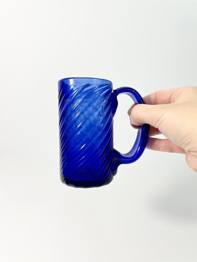 Vintage Set of Blue Hand Blown Glass Mugs & Saucers // Art Glass ...