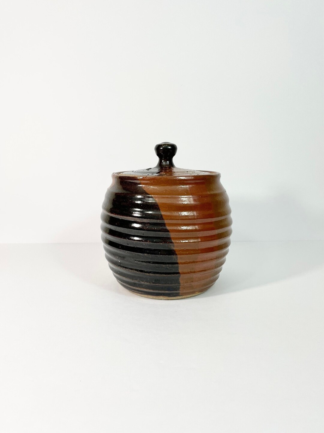 Vintage 8" Brown Handmade Ridged Studio Pottery Lidded Canister ...