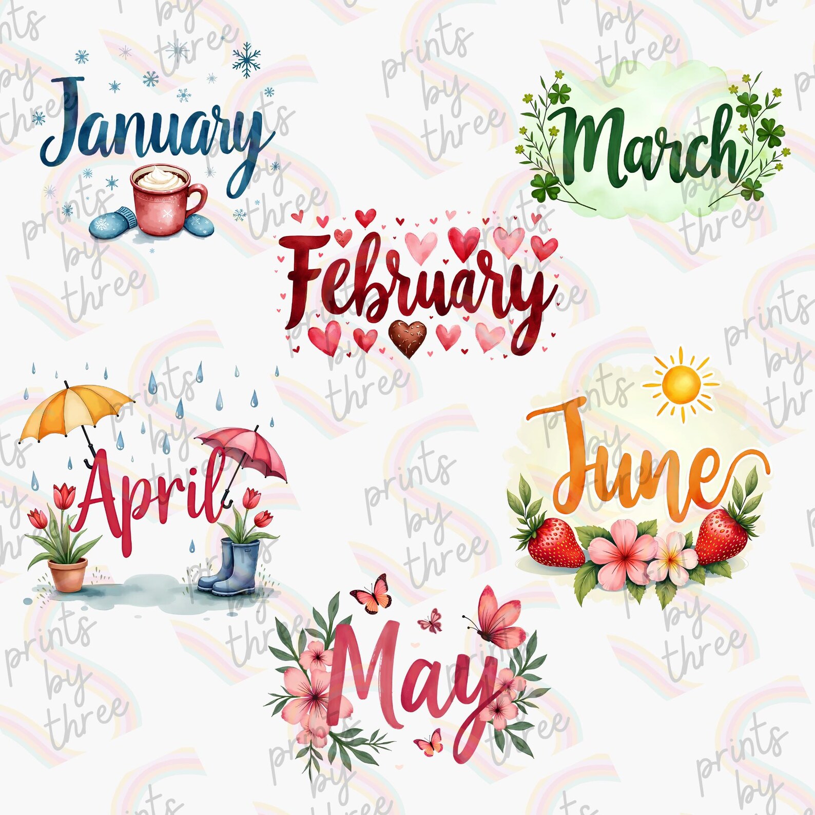 Months of the Year Watercolor Clipart, 12 Seasonal Digital PNG Files ...