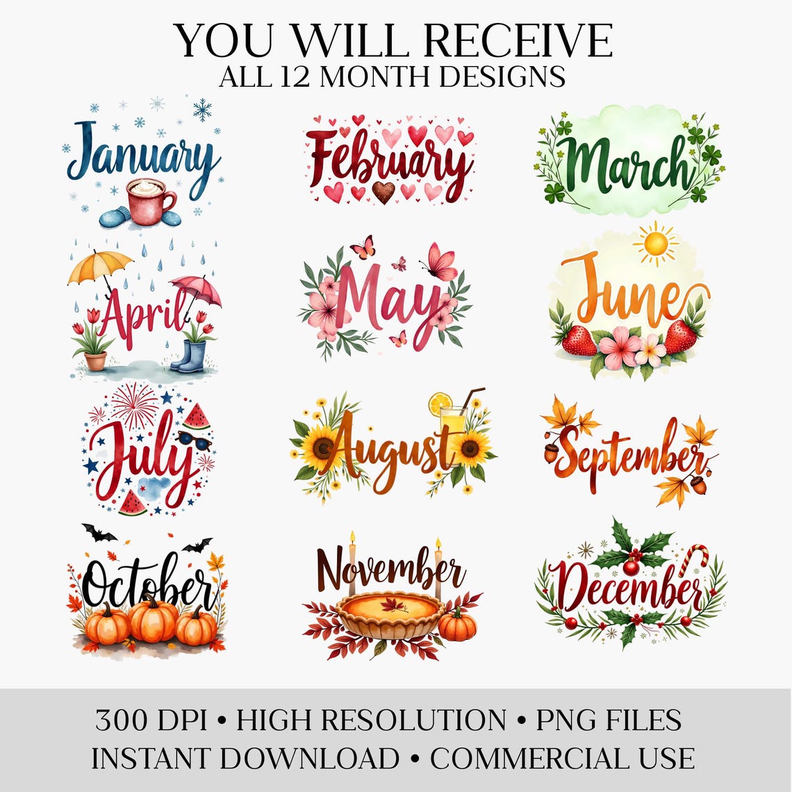 Months of the Year Watercolor Clipart, 12 Seasonal Digital PNG Files ...