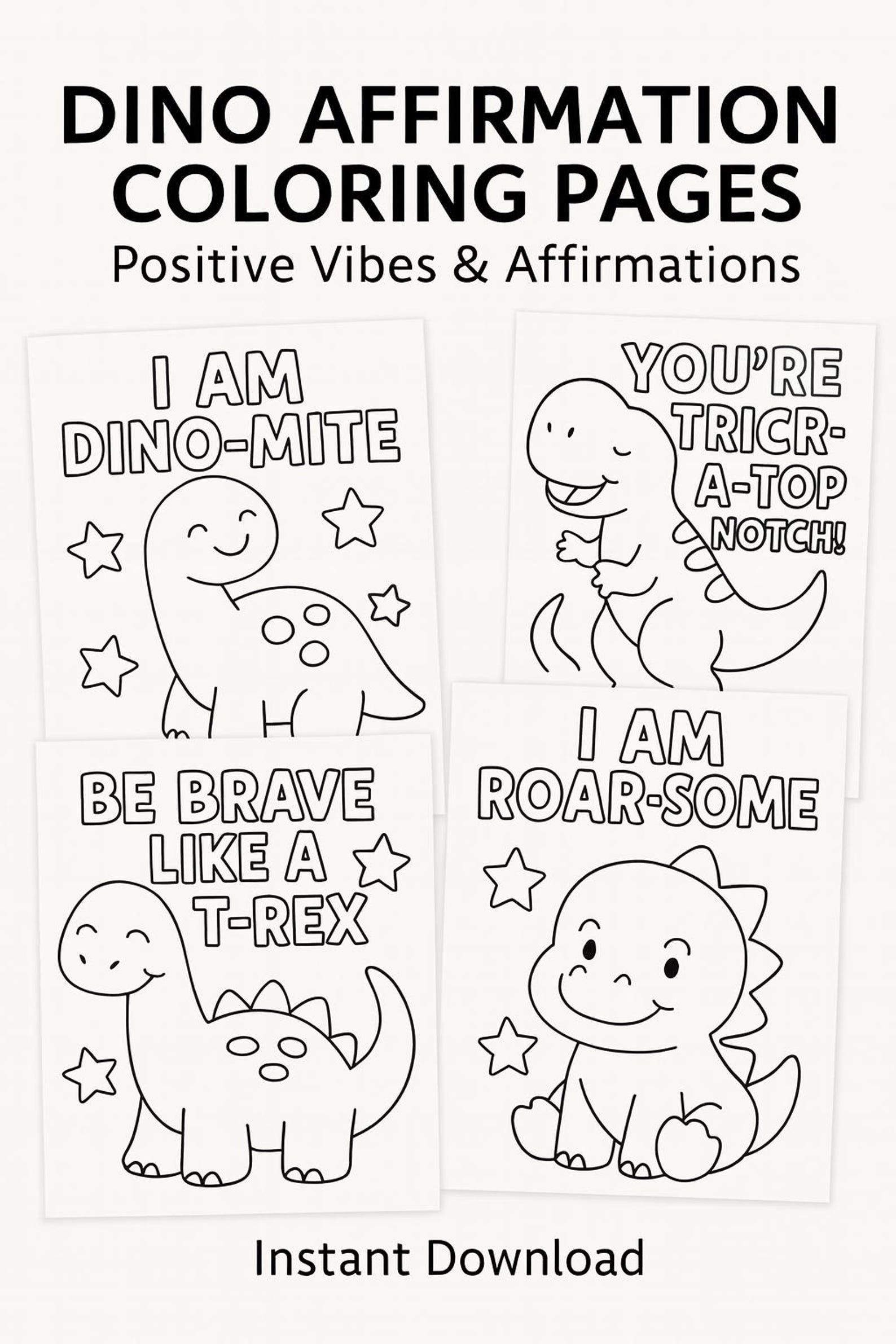 Dinosaur Affirmation Coloring Pages: Positive Quotes for Kids (PDF 10 ...