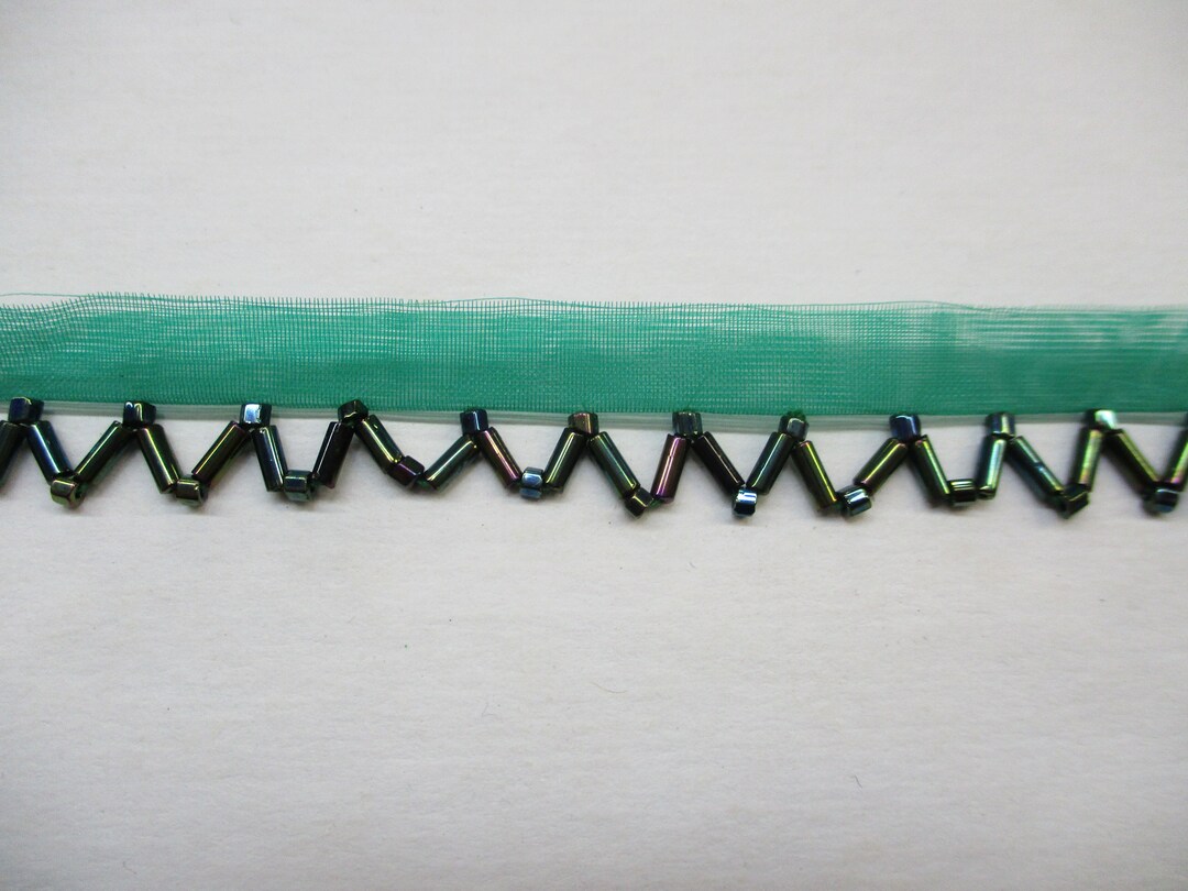 BUGLE BEAD TRIM Green Iris Zigzag on Green Organza Band by the Yard ...