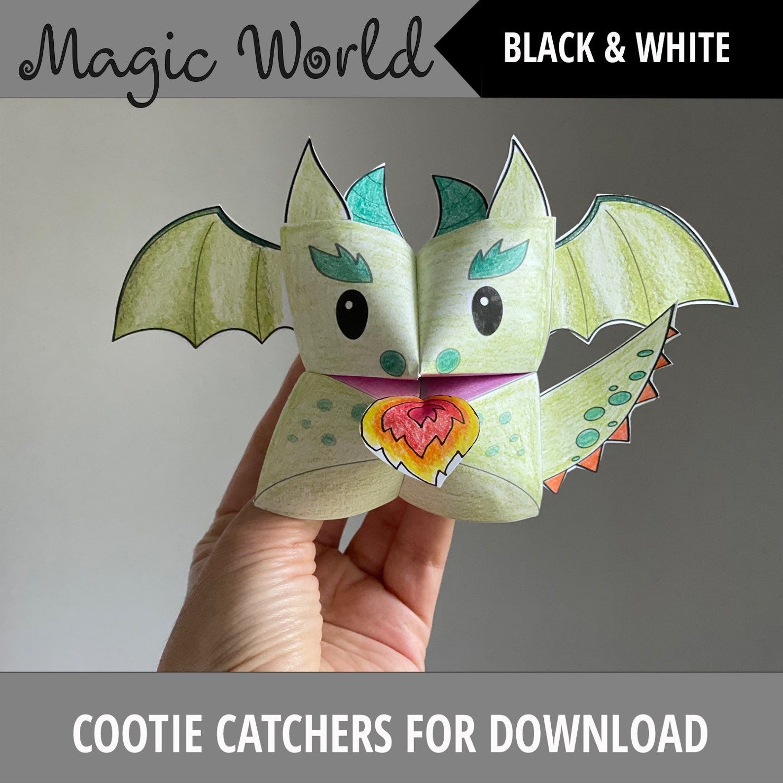 Set of 7 Black&white PRINTABLE MAGIC World Creatures Cootie Catchers ...