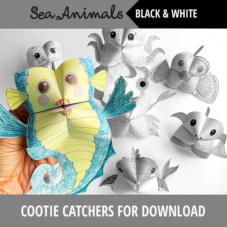 Set of 7 Black&white PRINTABLE SEA Animals Cootie Catchers PDF Download ...