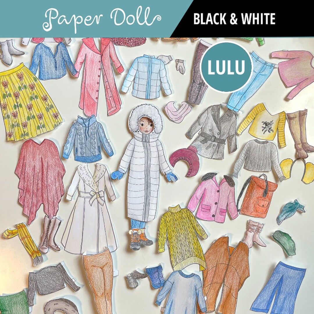 B&W PRINTABLE Paper Doll With Winter Outfits PDF Download Modern Paper ...