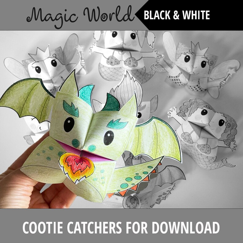 Set of 7 Black&white PRINTABLE MAGIC World Creatures Cootie Catchers ...