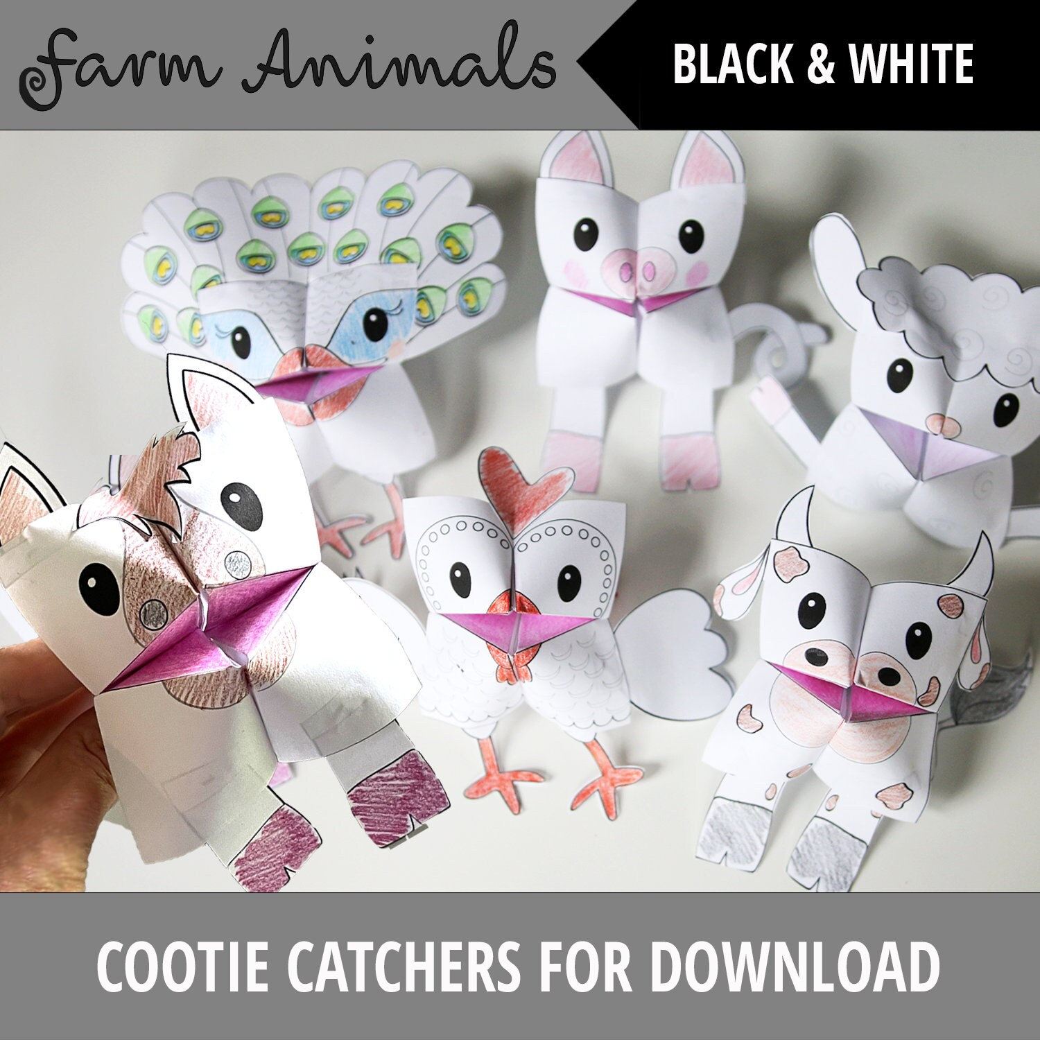 Farm Animals Cootie Catchers | Black & White Printable (PDF Download ...