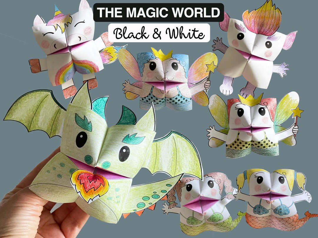 Set of 7 Black&white PRINTABLE MAGIC World Creatures Cootie Catchers ...