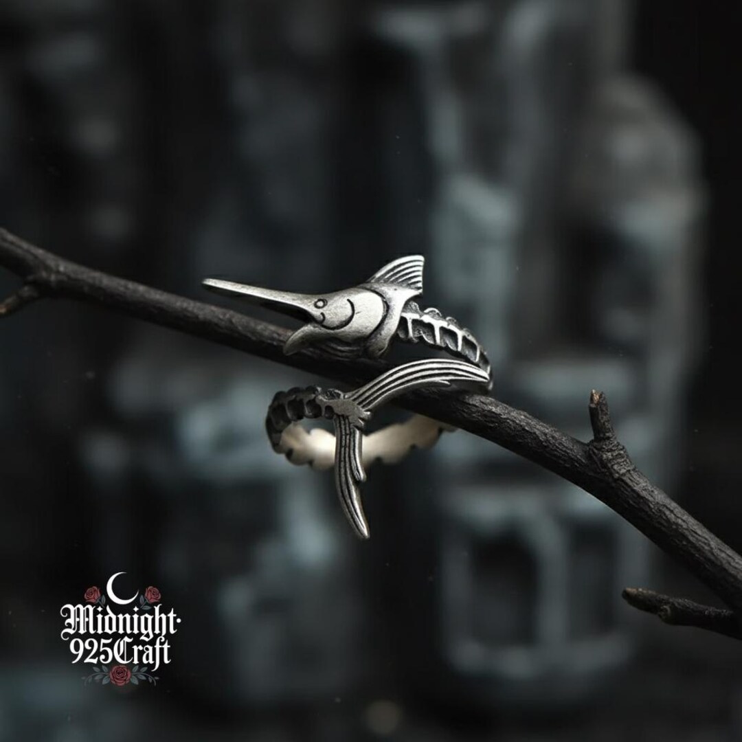 925 Sterling Silver Marlin Fish Ring, Adjustable Open Ring, Animal ...