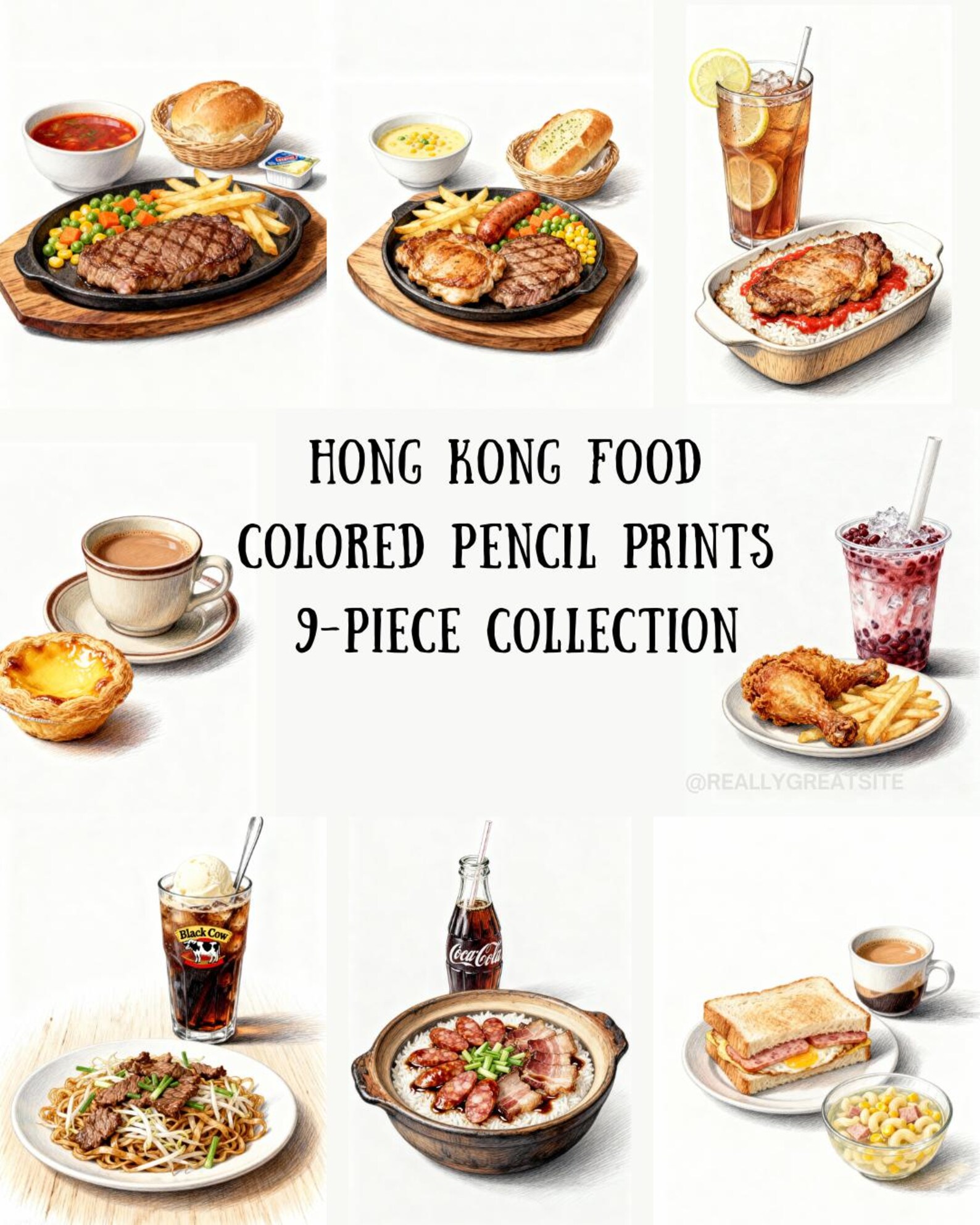 Hand-drawn Hong Kong Food Colored Pencil Prints | 9-piece Cha Chaan ...