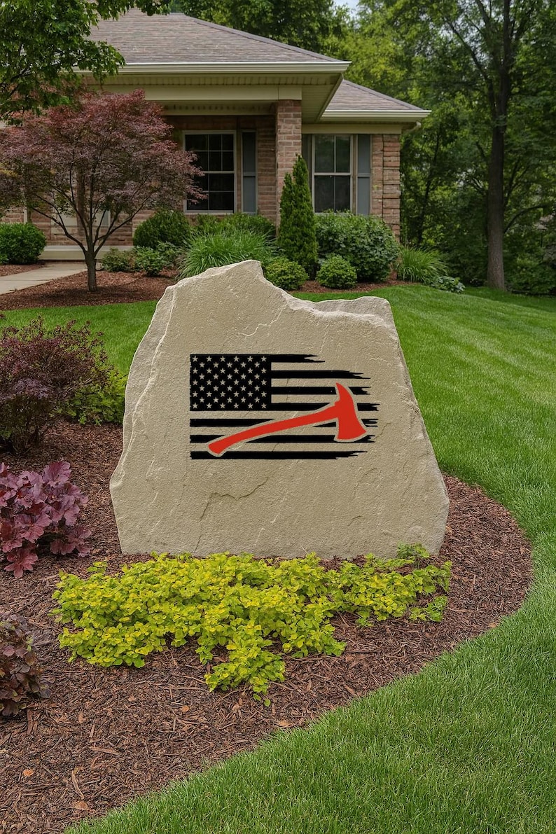 Firefighter Red Axe USA Flag Stone – Outdoor Tribute Yard Decor ...