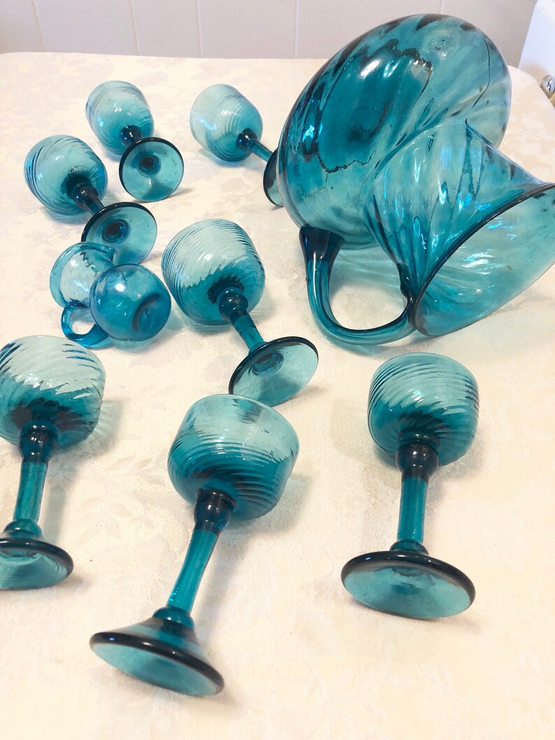 9 Handblown Turquoise Glass Pitcher and Glasses. 7 Goblet | Etsy
