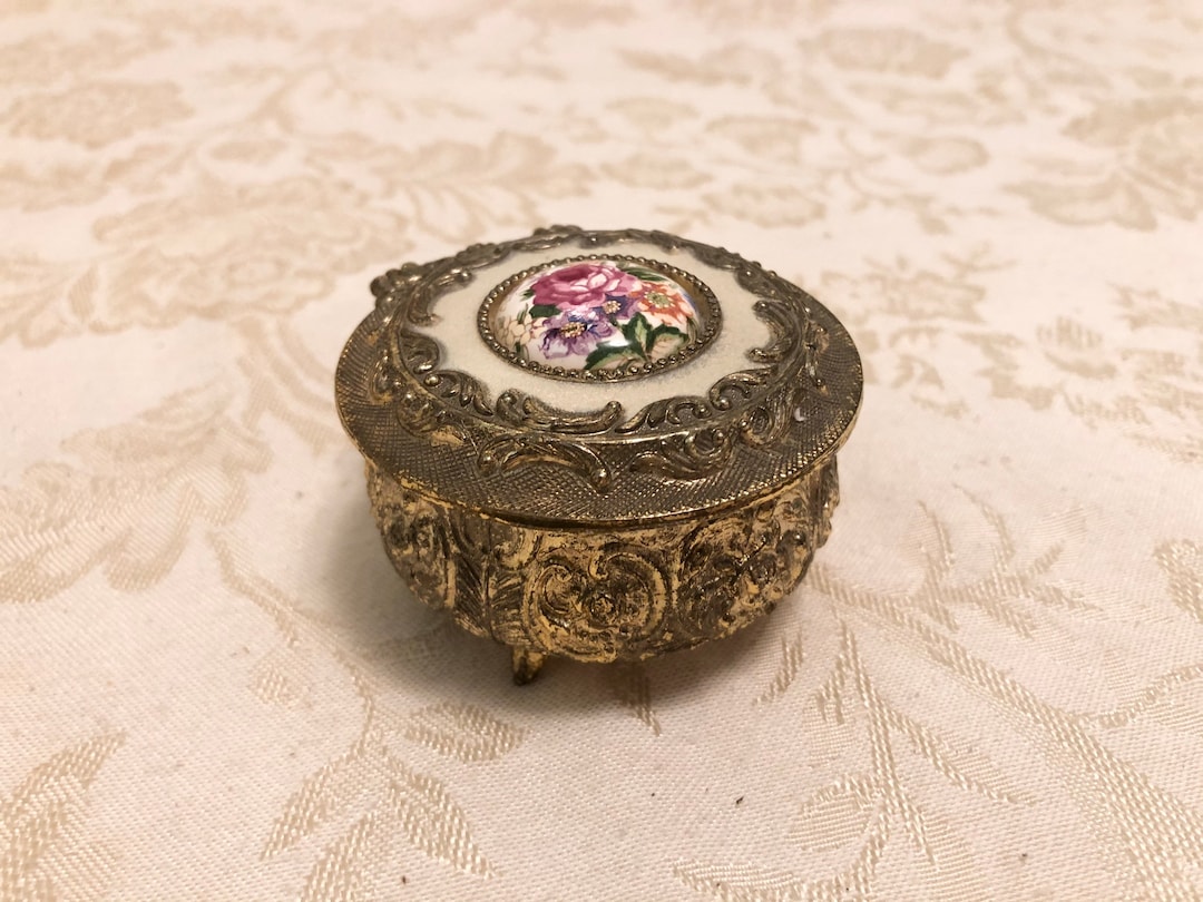 Antique Enamel Table Saccharine Style Box White Enamel With Floral ...