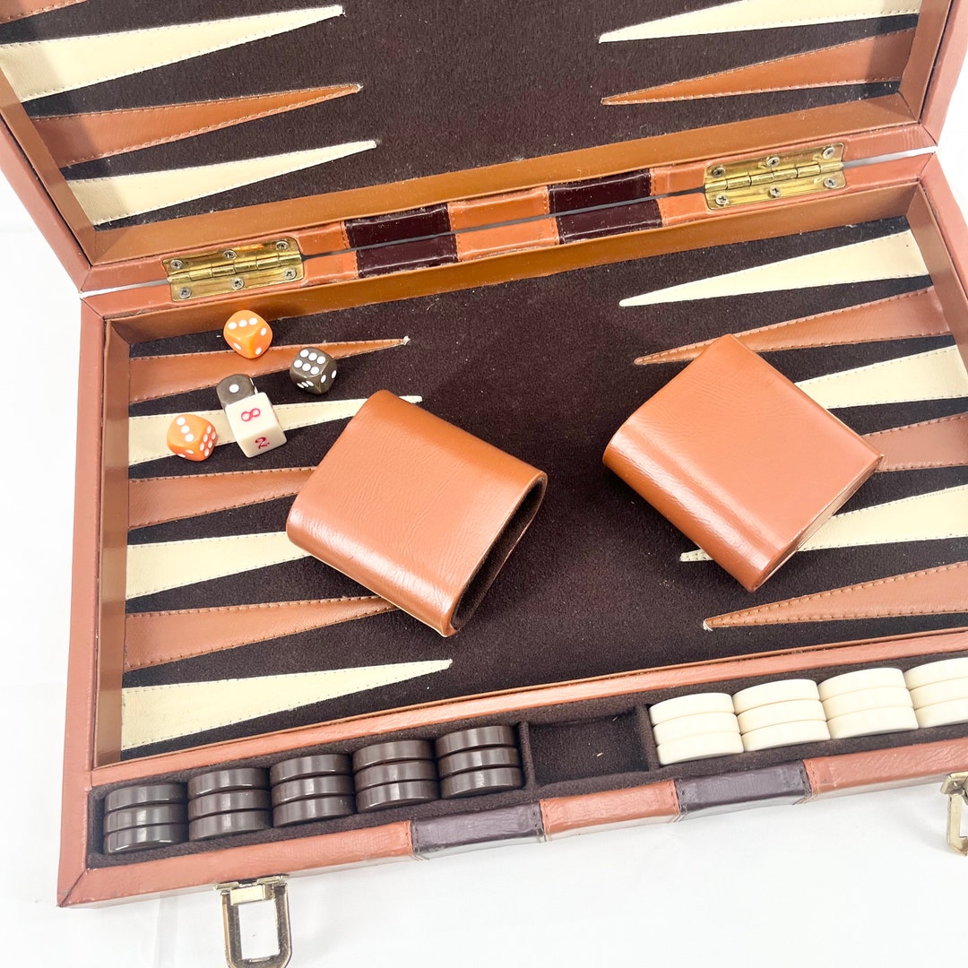 Vintage Backgammon Set Complete With Vinyl Cups Dice and Tiles Detailed Brass Trim Complete Set ...