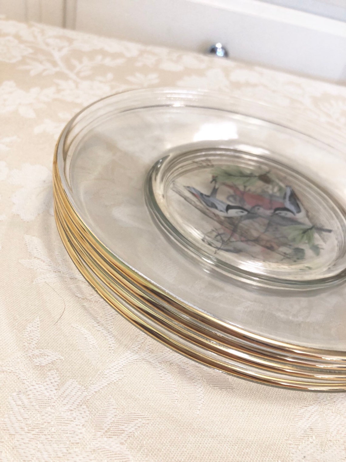 Golden Rim Glass Plates With Detailed Bird Centers Beautiful | Etsy