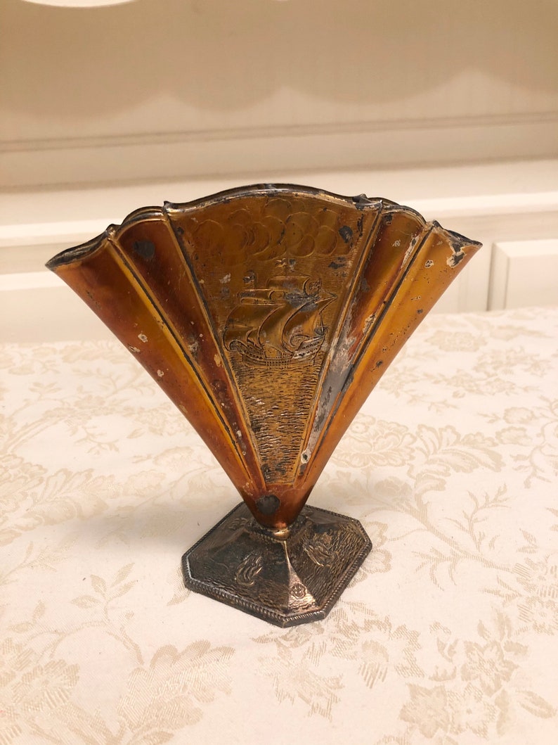 Ornate Metal Fan Vase With Tempered Copper Plated Top Silver Tempered ...