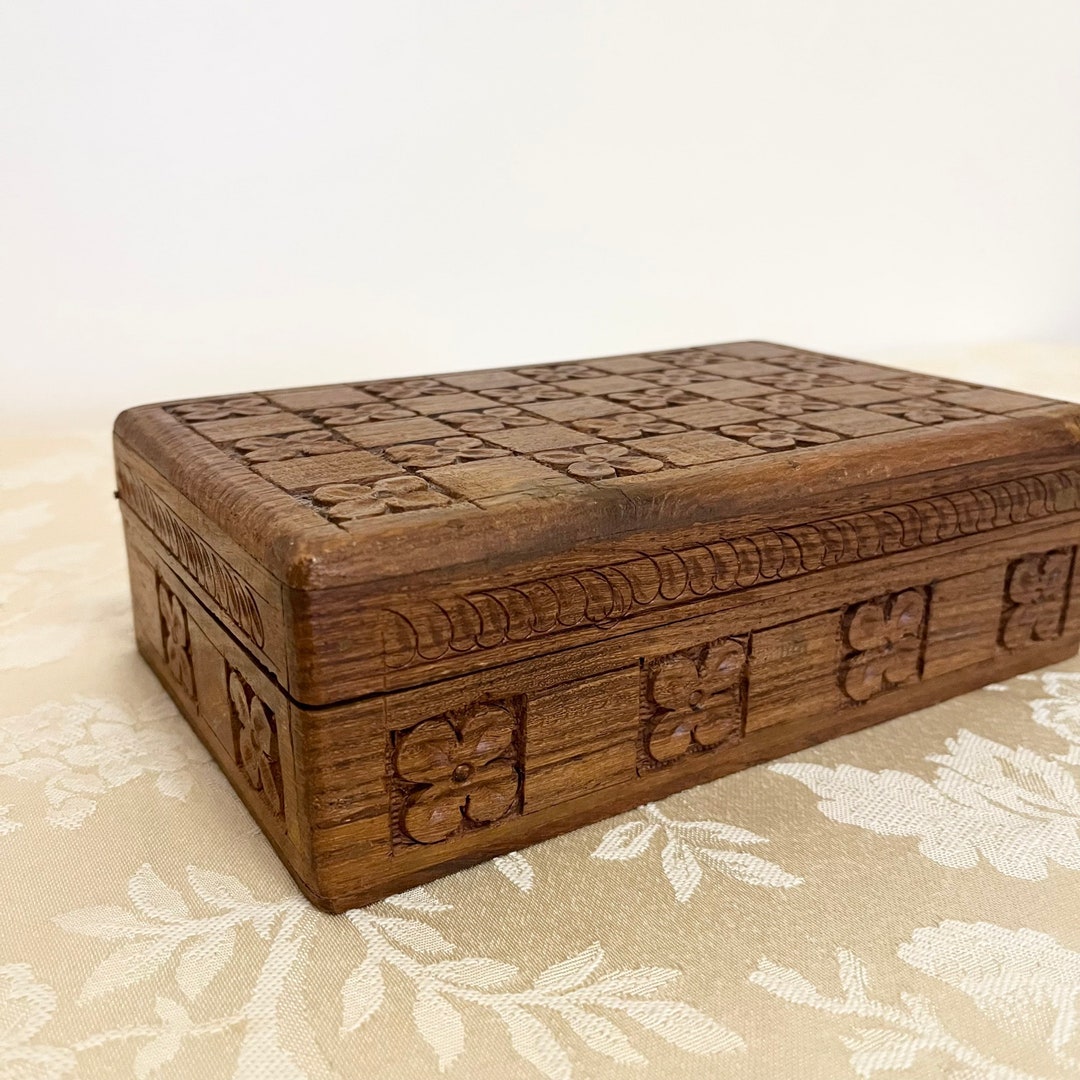 Antique Hand Carved Wooden Chest Dark Stain With Flower Design With ...