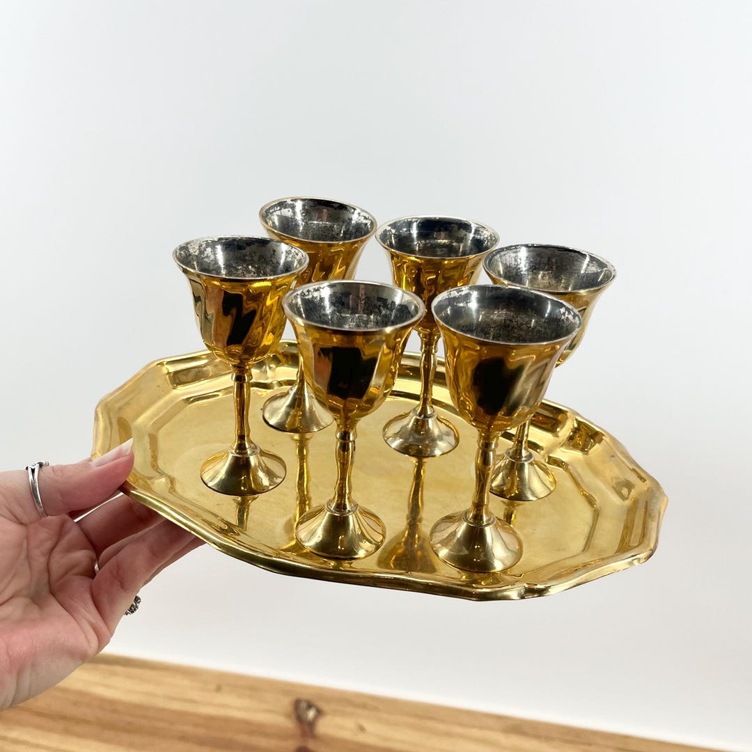 Antique Brass and Silver Tray and Cordial Goblets Small Goblets Set of ...