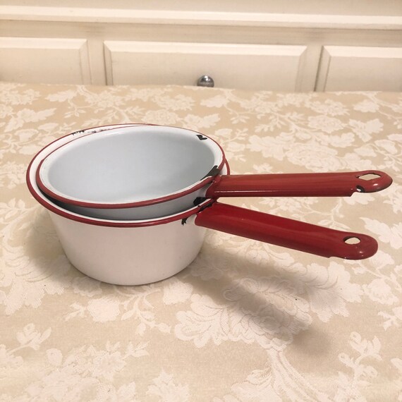 Vintage White Enamel Pan Set White With Red Handles and Rims - Etsy