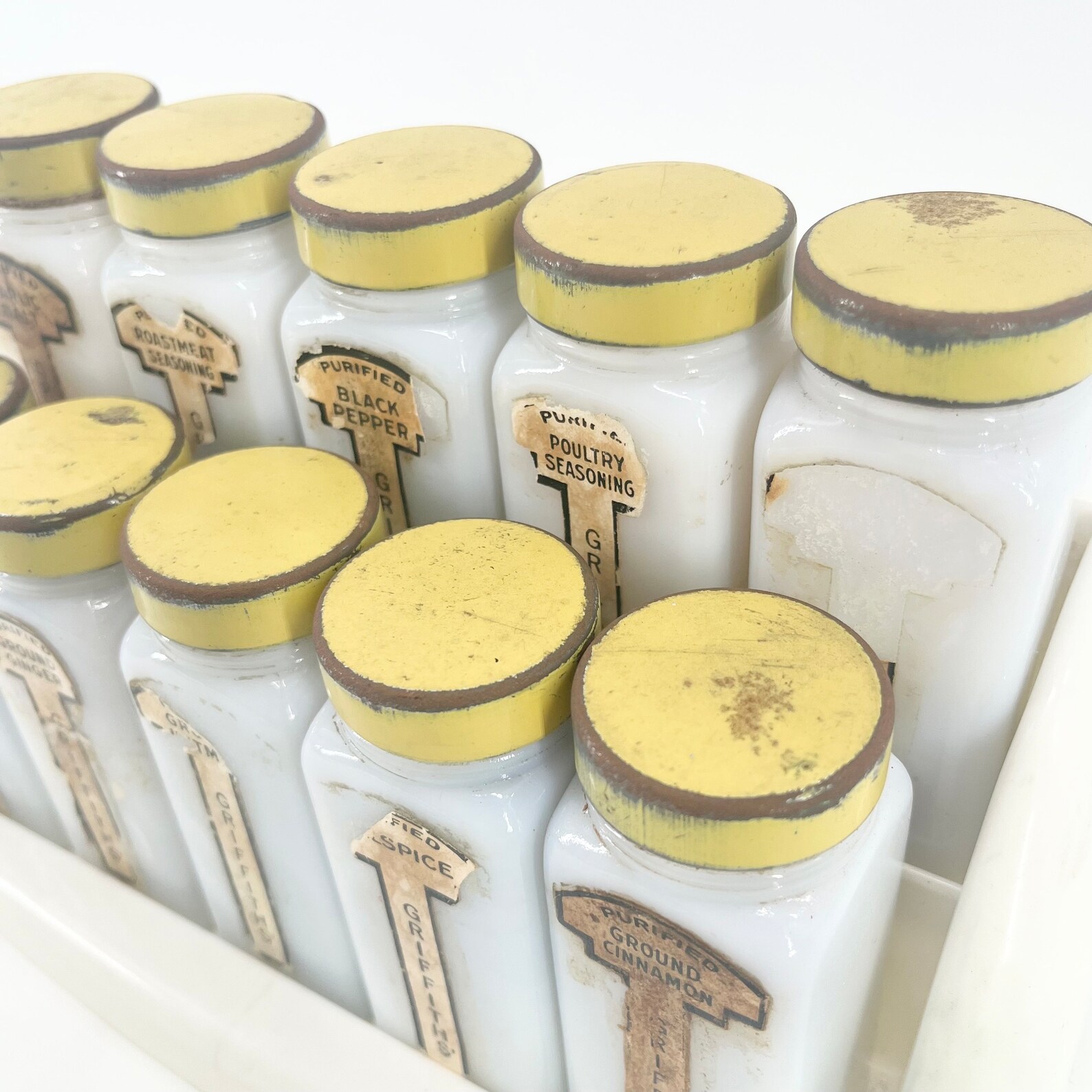 Primitive 1940s Griffiths Spice Rack 10 Milk Glass Jars Metal Lids ...