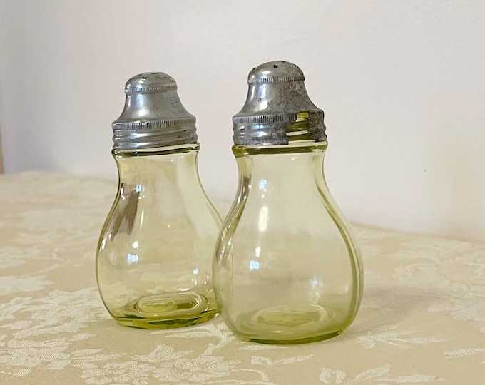 Antique Aluminum and Green Glass Salt and Pepper Shaker Set Atomic ...