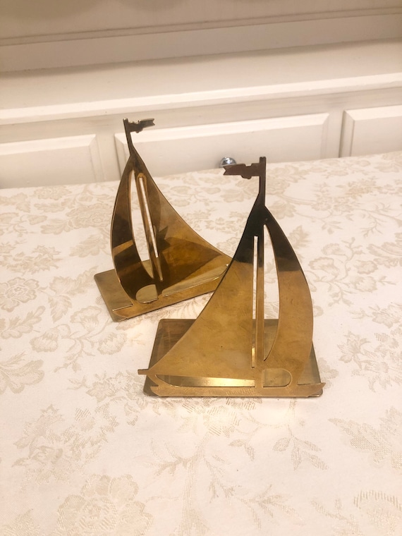 Vintage Solid Brass Sail Ship Book Shelf. Book End Brass Ship | Etsy