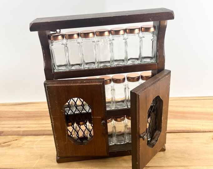 Primitive Spice Rack Wooden Rack With Glass Spice Jars and Copper Lids ...
