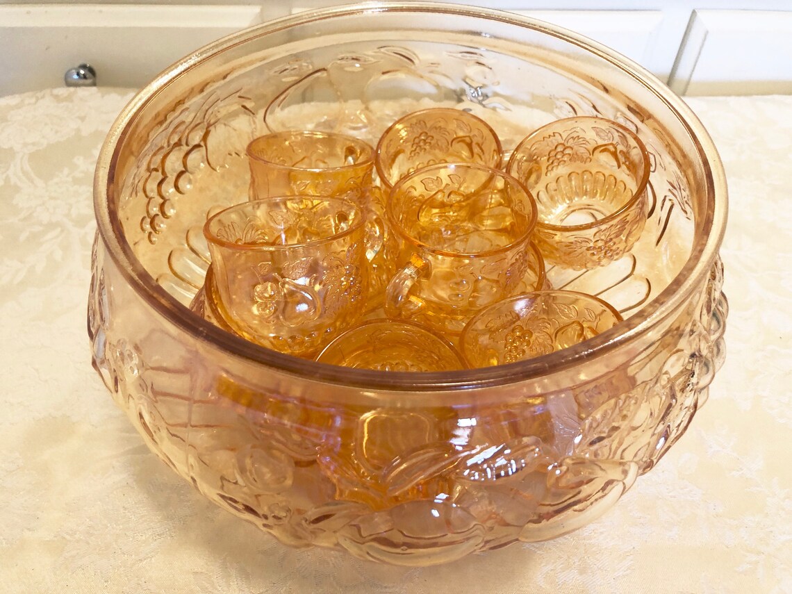Vintage Orange Glass Punch Bowl Fruit Embossed Fruit Design | Etsy