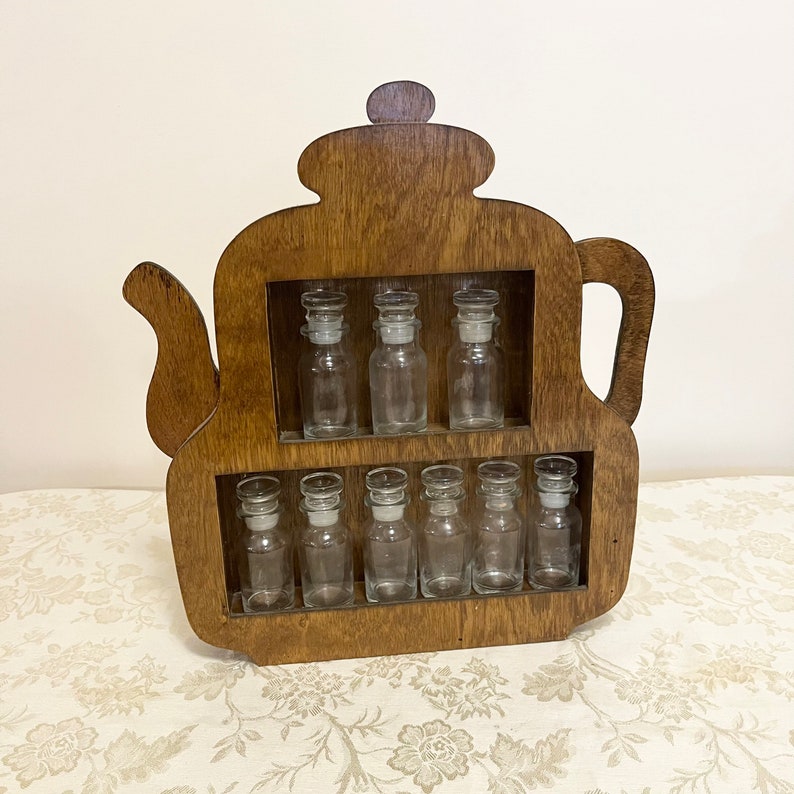 Primitive Teapot Spice Rack Wooden Rack With Glass Spice Jars Hanging ...