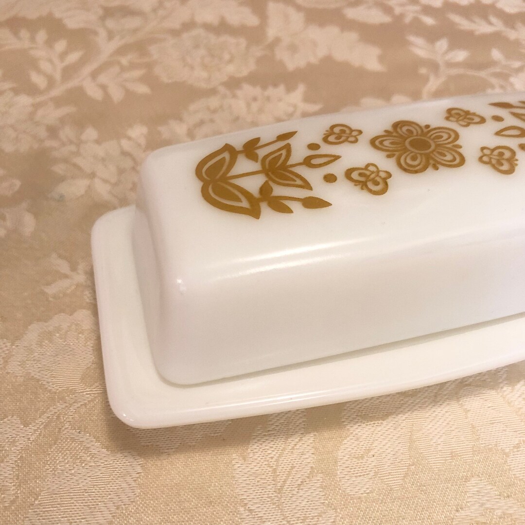 Butterfly Gold PYREX Milk Glass Butter Dish Covered Dish Butter Dish ...