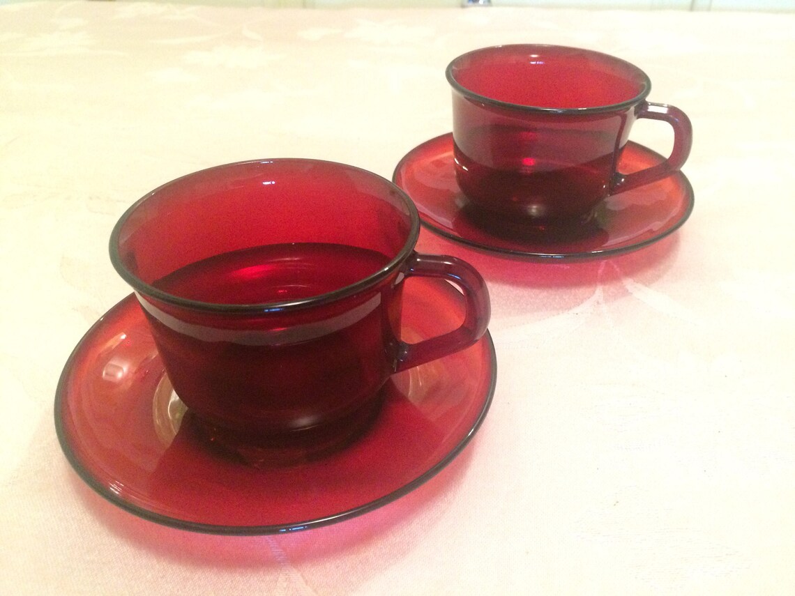 Elegant France Red Ruby Cups and Saucers Glass Mugs Ruby Red - Etsy