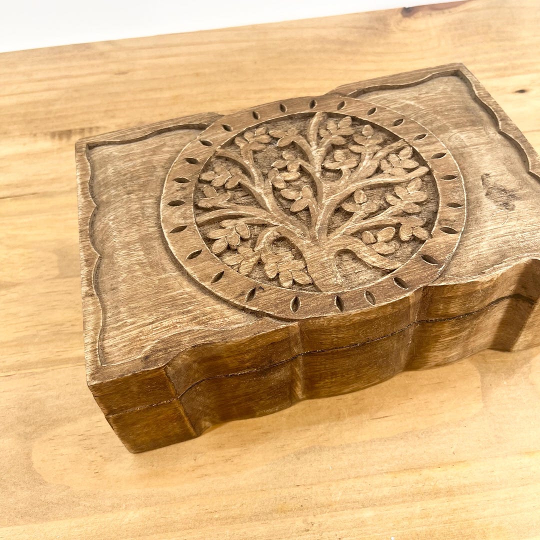 Antique Hand Carved Wooden Chest Dark Stain With Carved Top and Sides ...