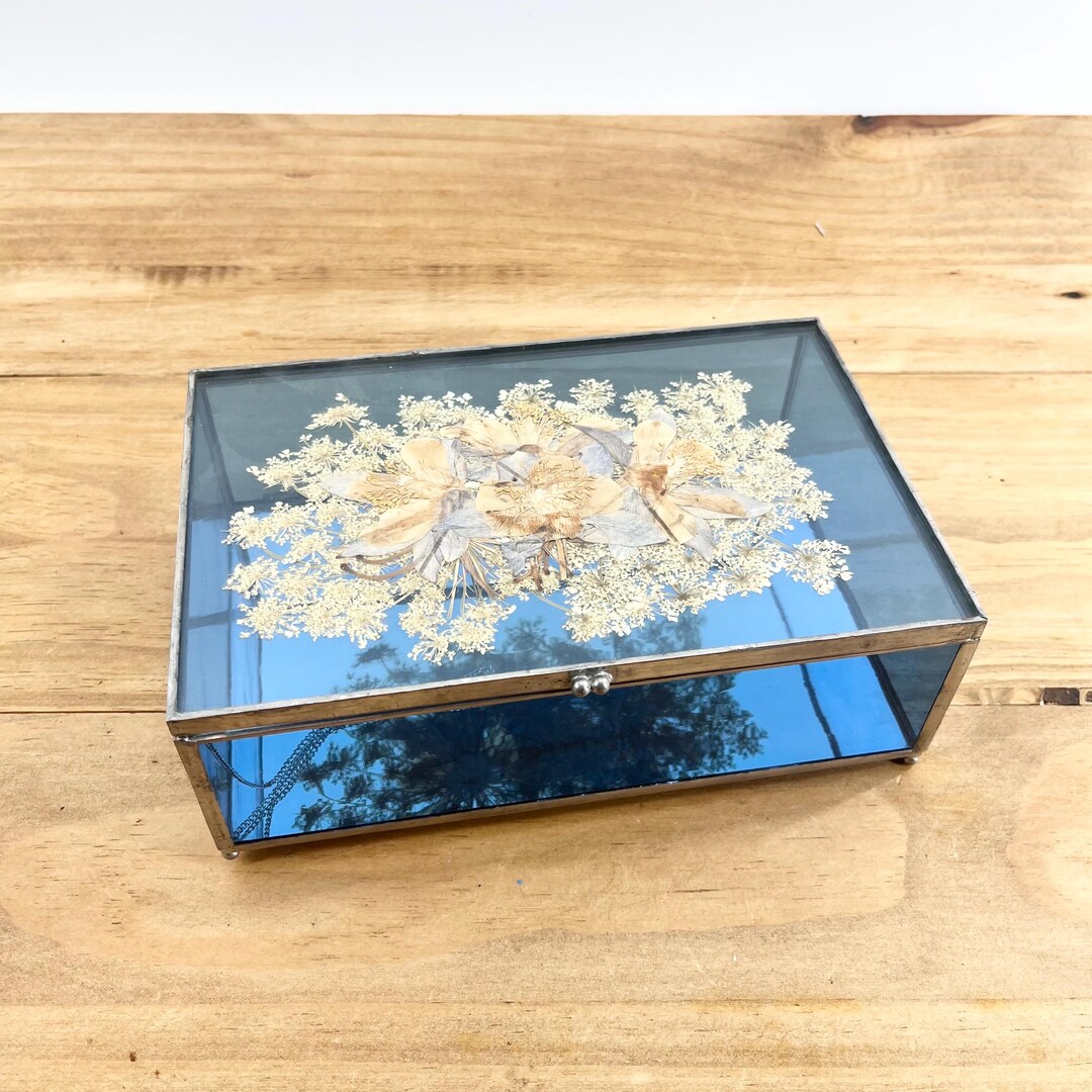 Cobalt Glass Box Glass Jewelry Box With Pressed Flowers on Top Jewelry ...